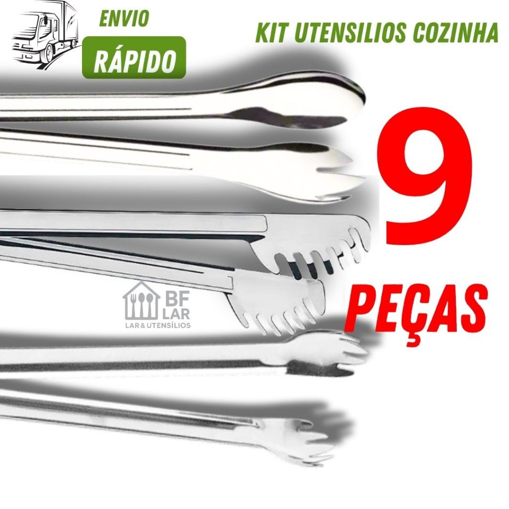 Utensílios Multiuso Inox com 09 peças Pegador de Salada Massa Carne ...