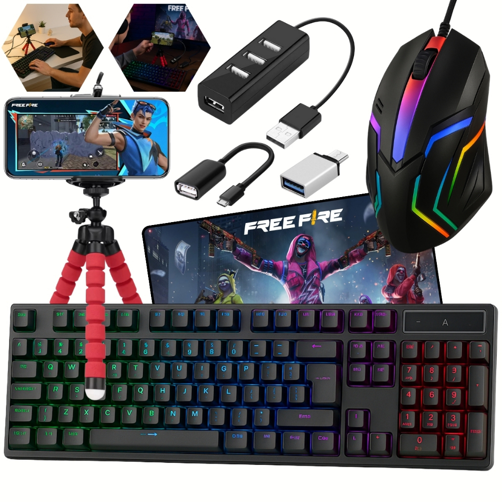 Kit Mobilador Gamer Barato RGB 6 Itens Para Celular Mouse Teclado Mecanico Mouse Pad Tripé HUb ...