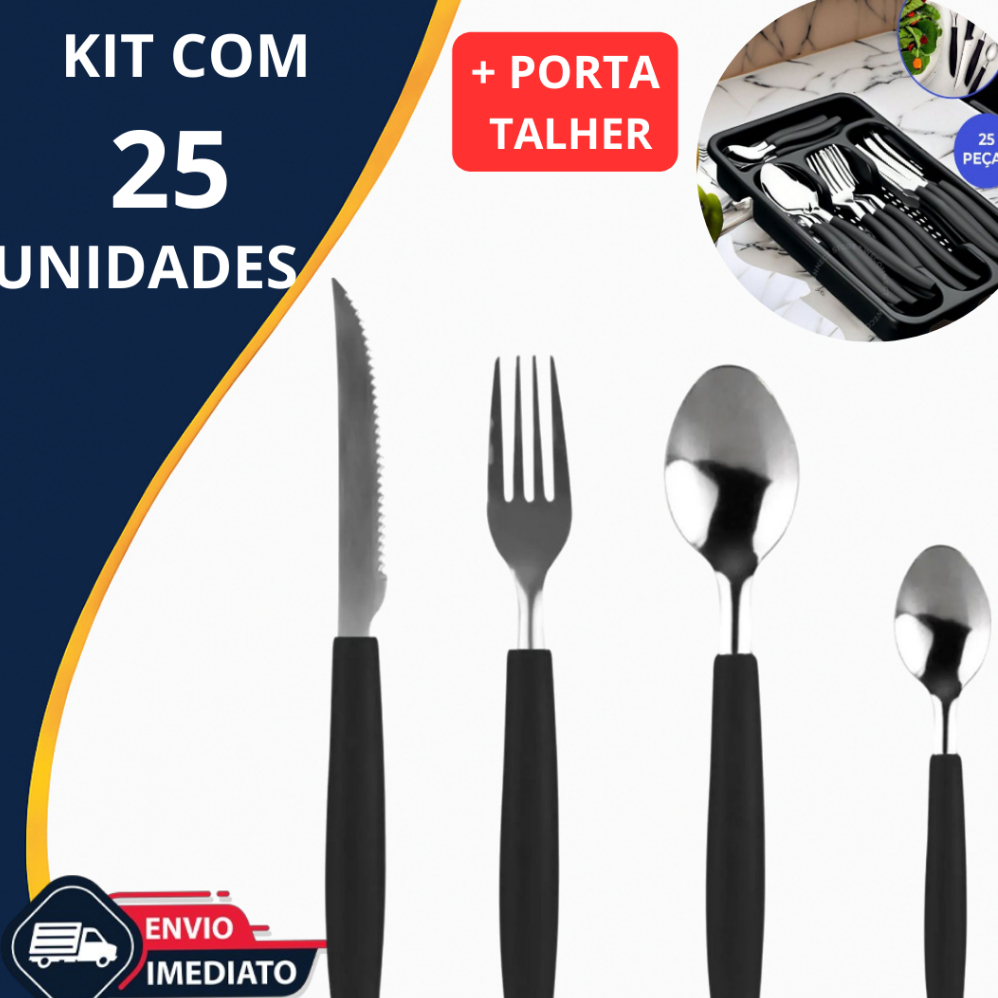 Kit Talheres Inox com Cabo Plástico 25 Peças + Suporte – Faqueiro ...