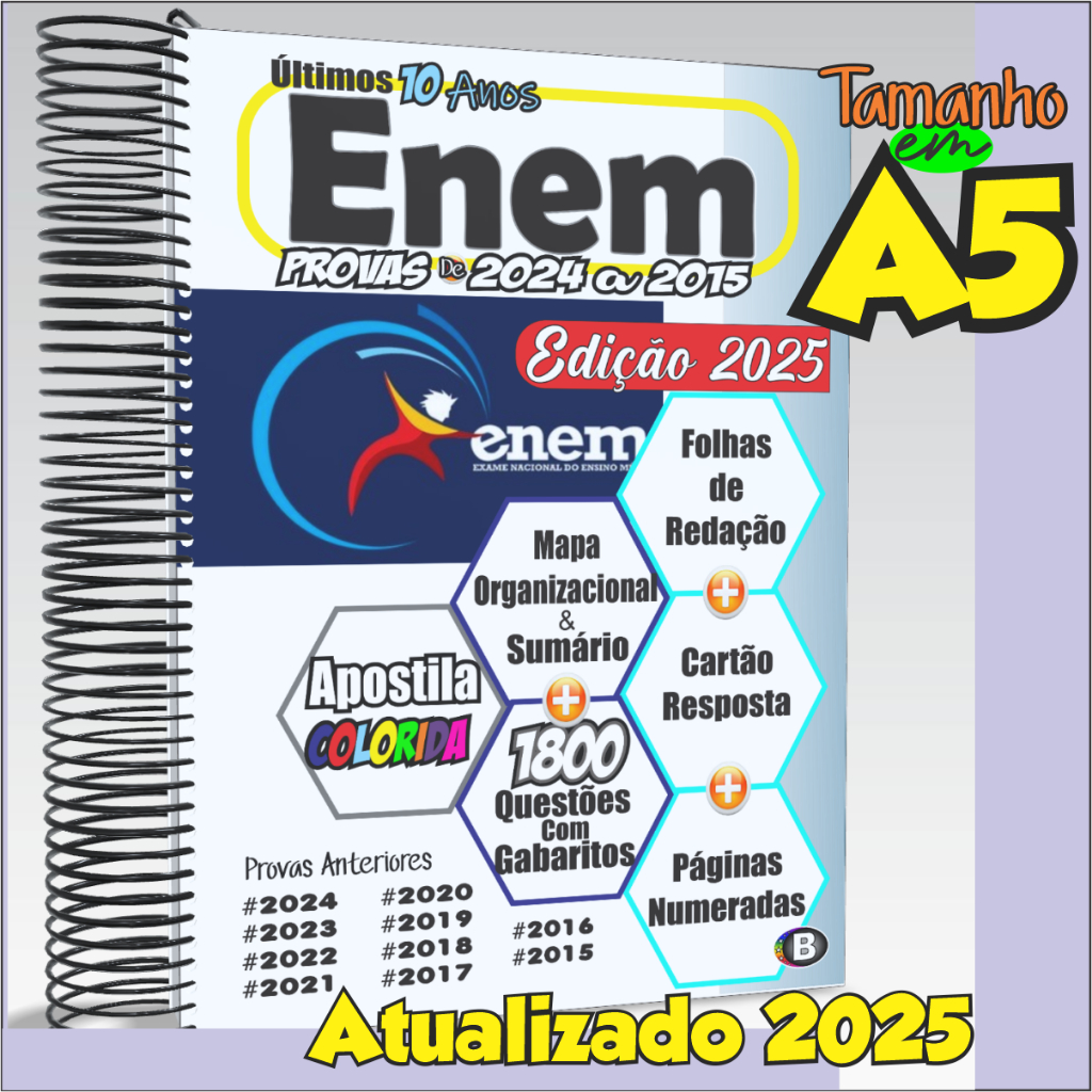 Apostila ENEM 2025 no Tamanho A5 (21x14,8 cm) Provas E Gabaritos Oficiais Últimos 3, 5 ou 10 ...