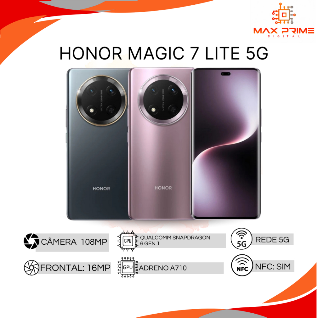 Honor Magic 7 Lite 5G 512GB, 12GB RAM, Câmera 108MP, Processador Snapdragon 6 Gen 1,Bateria ...