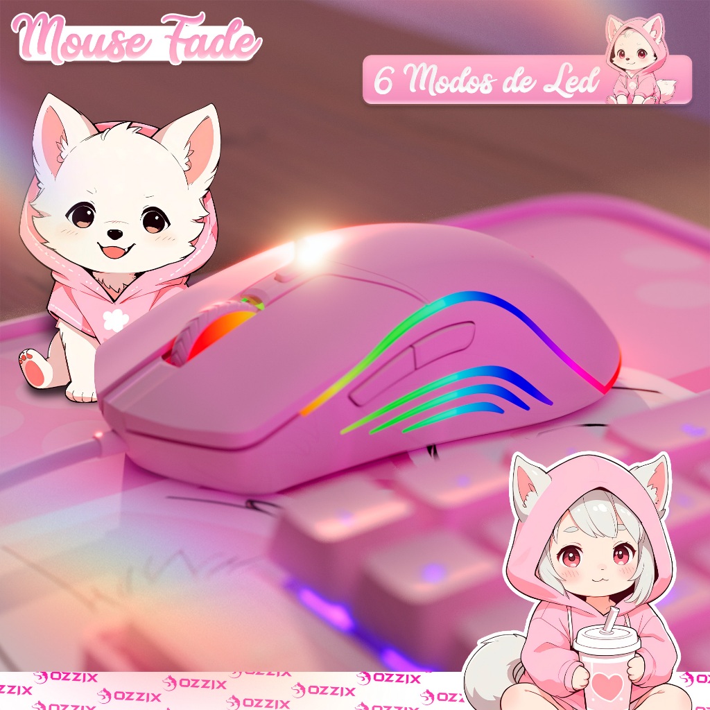 Mouse Gamer Rosa LED RGB 8000DPI com Software Programável Sensor Gamer Profissional Fofinho ...