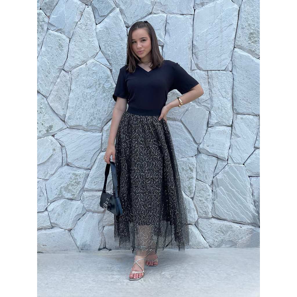 Saia Tule Rendado Com Brilhos Prateados e Paete Saia Rodada Longa ...