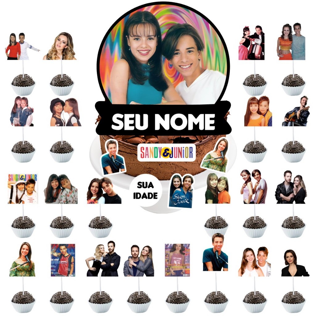Kit Topo de Bolo + Toppers de Docinhos Cantores Anos 2000 Sandy e ...