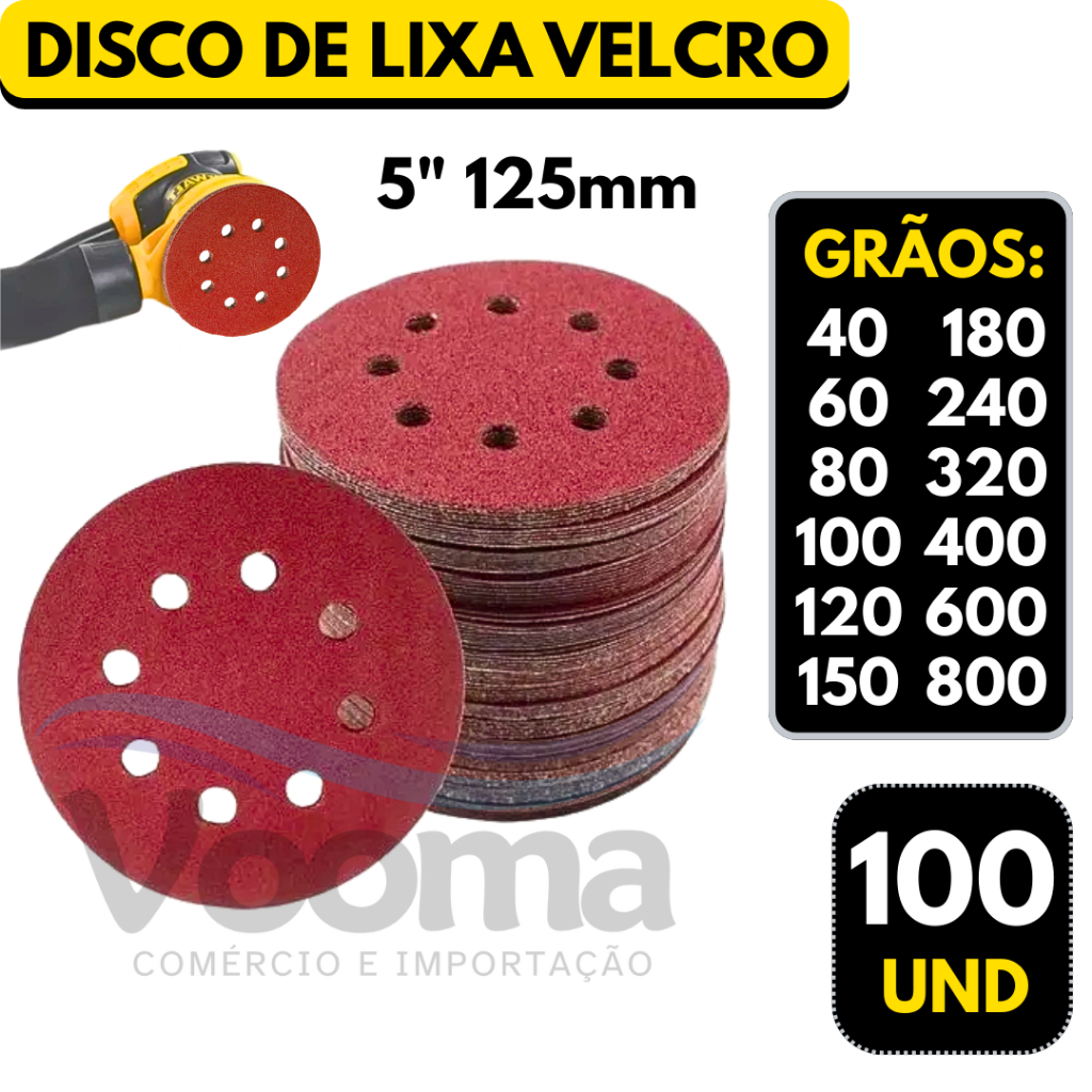 Kit 100 Disco Lixa com Velcro 125mm 8 Furos Rokit Politriz Lixadeira ...
