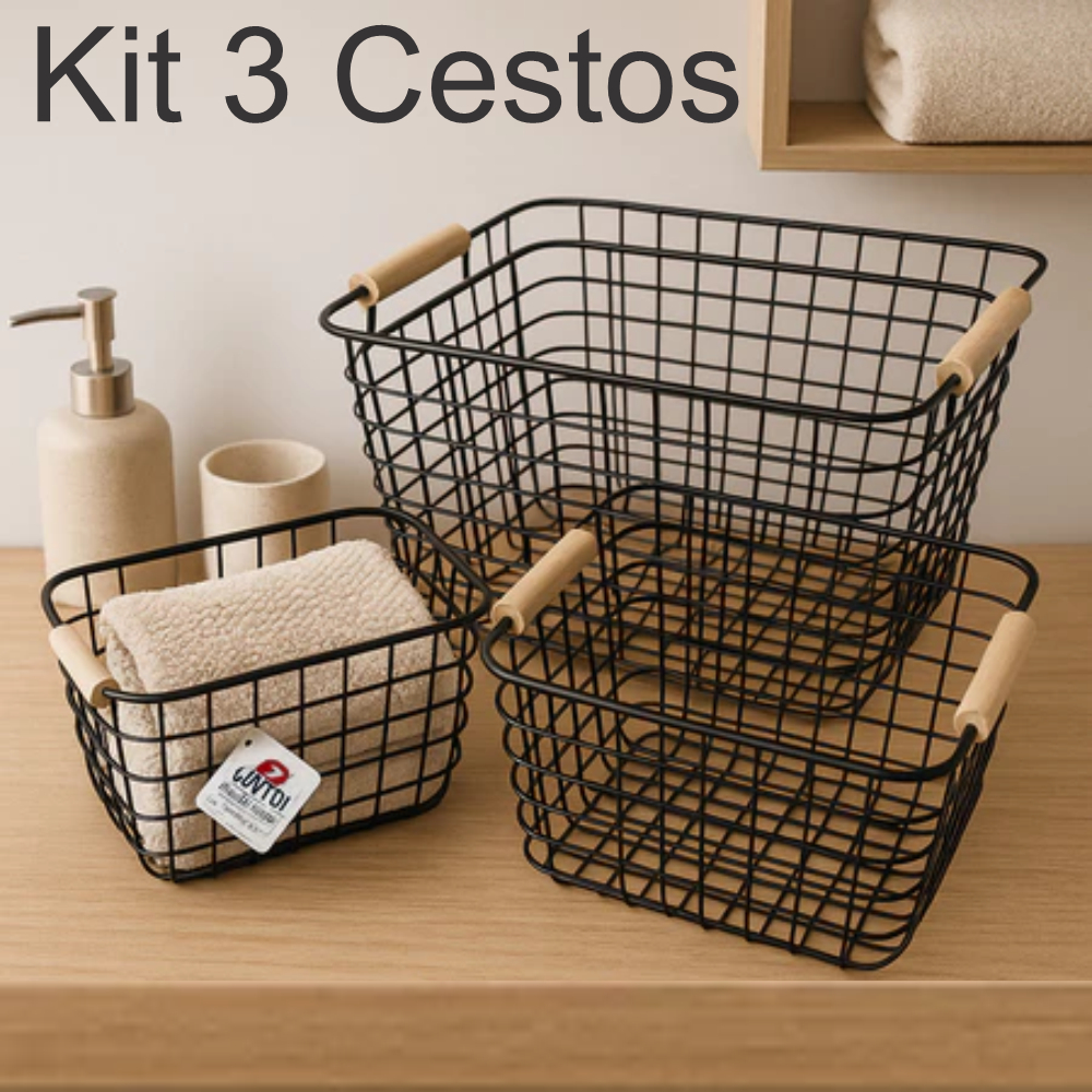 Kit 3 Cestos Organizador Decorativo Multiuso Metal Alça de Madeira ...