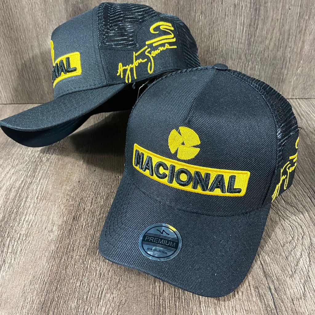 Boné Nacional Ayrton Senna meia tela Aba Curva com regulagem snapback ...