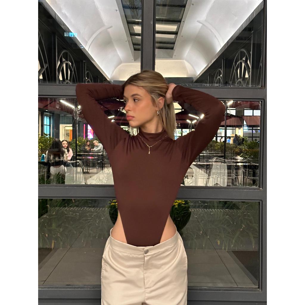 Body Collant Feminino Cavado Gola Alta Manga Longa Tendência Moda ...