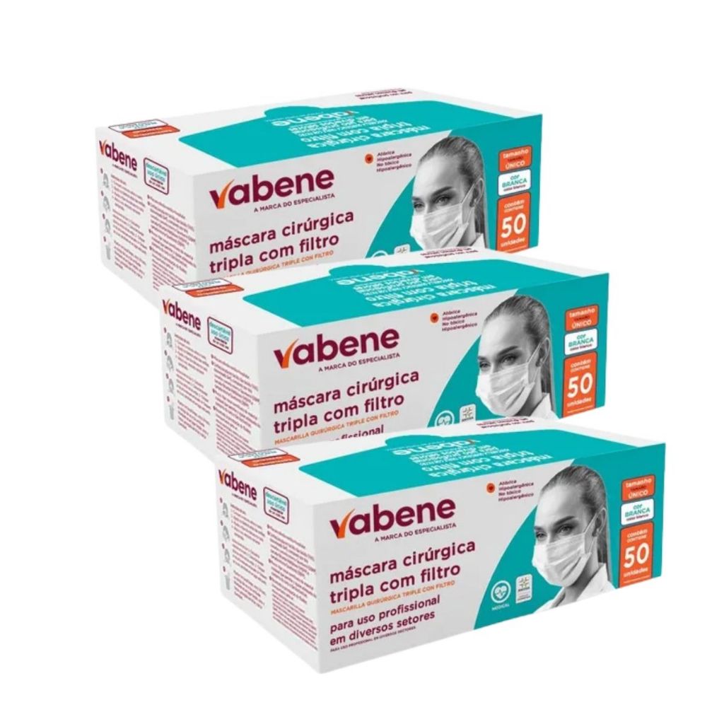 Kit 3 Caixas de Máscara Tripla Descartável Vabene C/50 uni. | Shopee Brasil