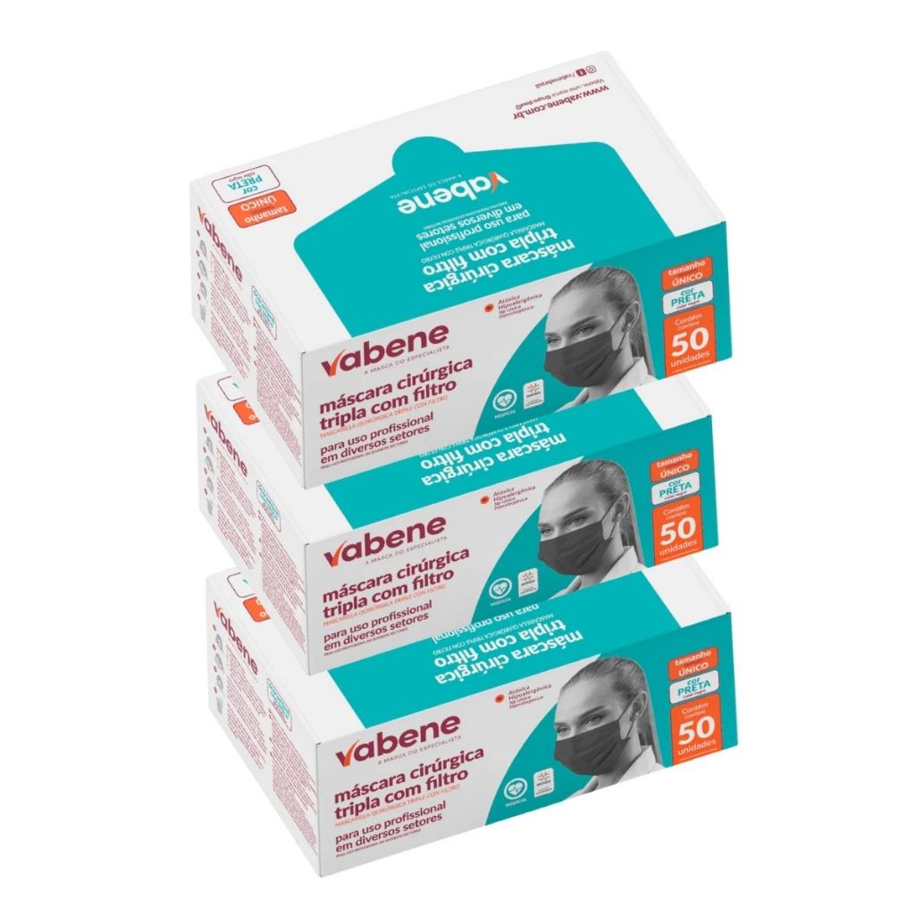 Kit 3 Caixas de Máscara Tripla Descartável Vabene Preta C/50 uni ...
