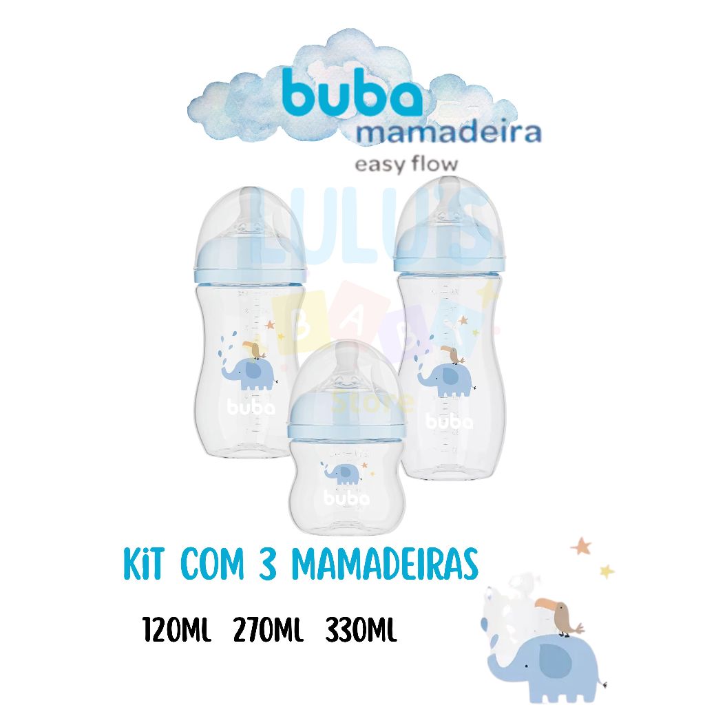 KIT 3 Mamadeiras BUBA Easy Flow Anti-cólica Elefante Azul 0+ 120ml , 2+ 270ml , 4+ 330ml - Bebe ...