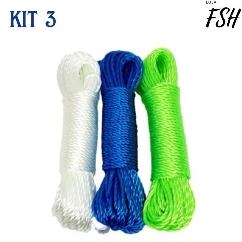KIT com 3 Corda Para Varal de Nylon c/ 2.55m Resistente 5mm Cores ...