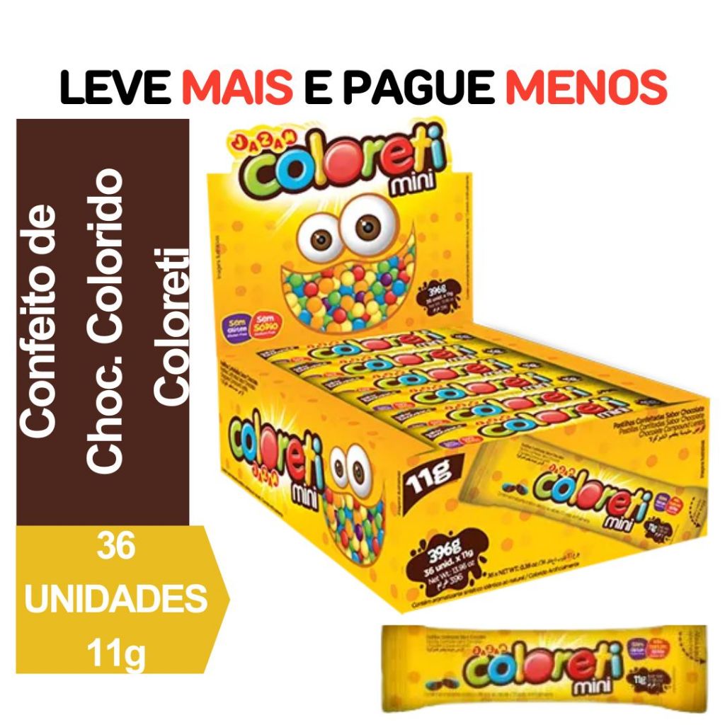 Confeito de Chocolate Colorido Coloreti Mini 36 Unidades de 11g Jazam ...