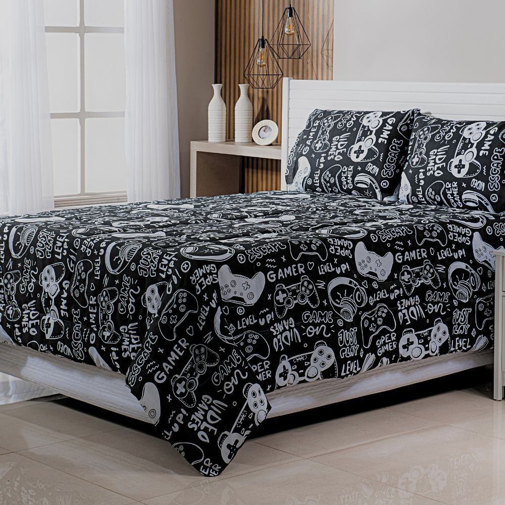 Kit Edredom Casal Padrão Dupla Face + Jogo de Cama 3 Peças Game Preto e ...