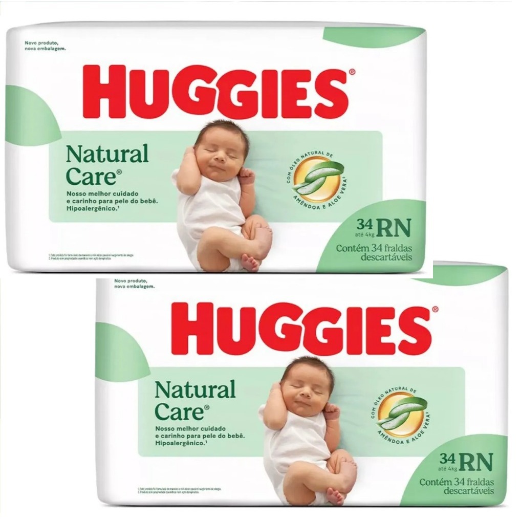 2 Pacotes(68 fraldas) Huggies Natural Care Recém-Nascido RN(até 4Kg ...