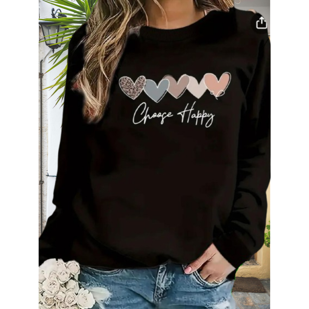 Moletom Feminino Plus Size Gola Careca Preto - "Chose Happy" Ref ...
