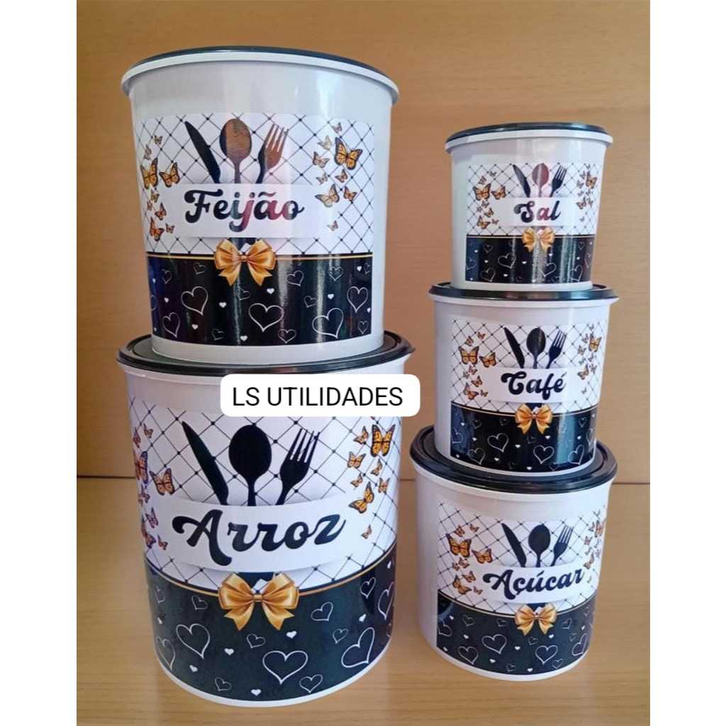 kit mantimento 5 peças pote condimento lata arroz feijao açucar cafe ...