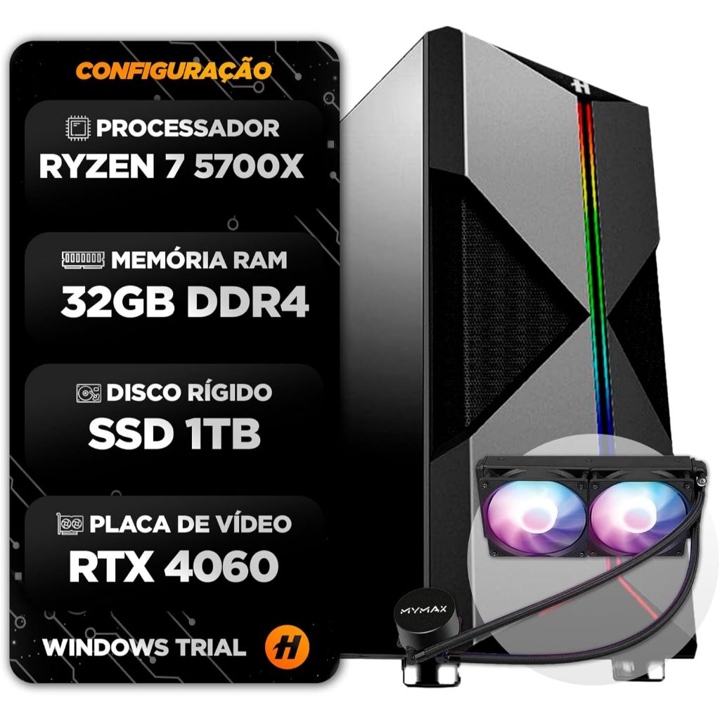 PC GAMER HERTZ® RYZEN 7 5700X WATER COOLER 240MM 32GB SSD 1TB RTX 4060 ...