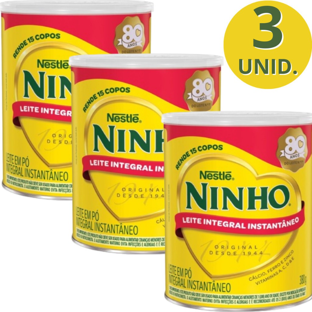Kit com 3 Latas de Leite em Pó Ninho Integral Instantâneo 380g | Shopee ...