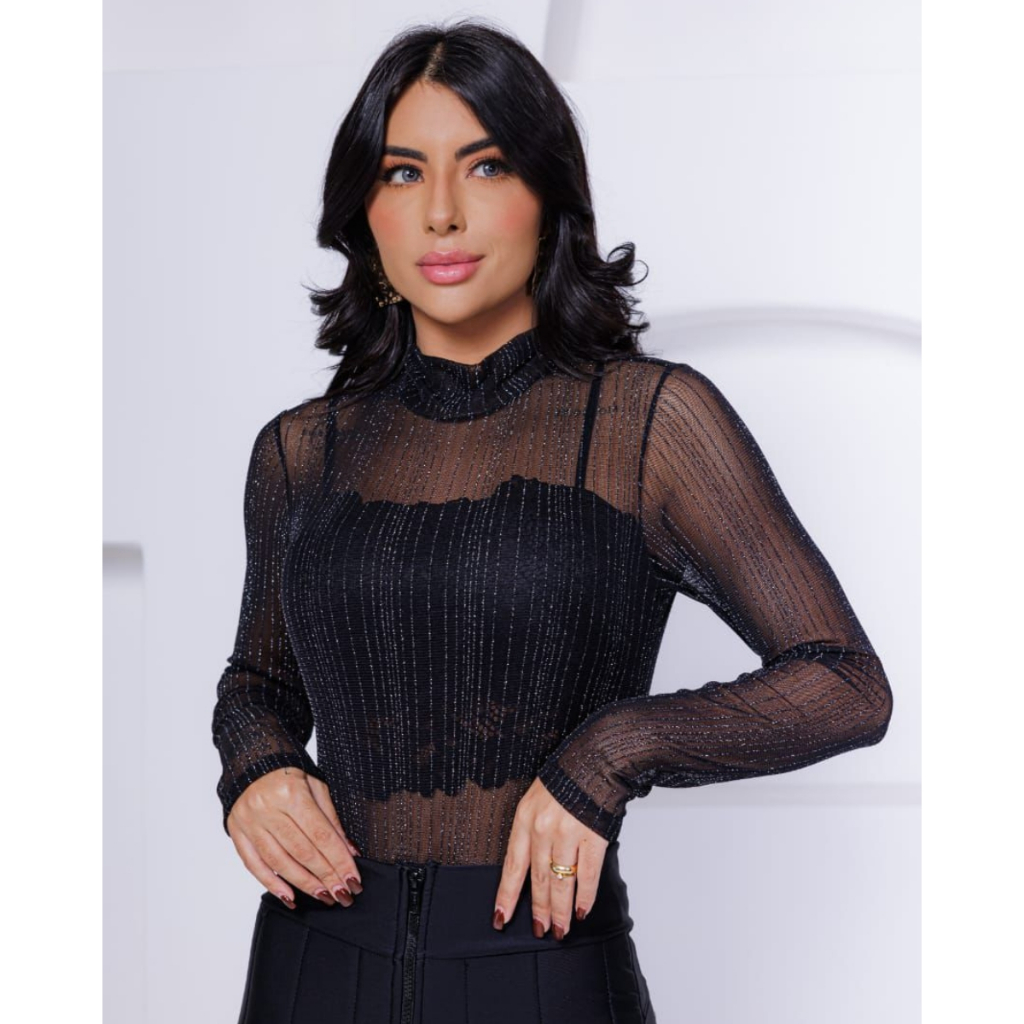 Body de Tule Feminino Preto Com Fio de Lurex Brilhante Listrado Manga ...
