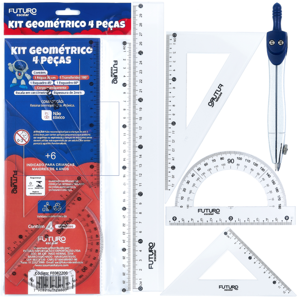Kit 5 Peças Geométrico Escolar Transferidor Esquadro Compasso ...