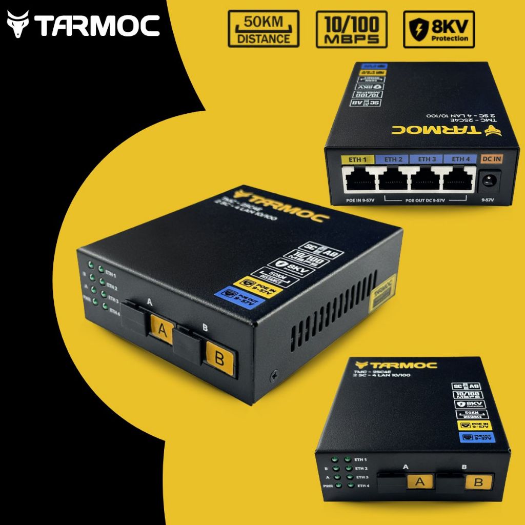 CONVERSOR DE MÍDIA FIBRA ÓPTICA TARMOC TMC-2SC4E-AB-V1-IO 4 PORTAS RJ-45 10/100Mbps SC 50KM ...