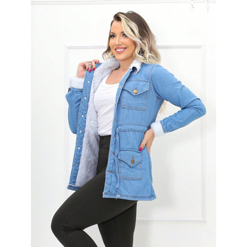 Jaqueta Parka Jeans Feminina Alongada Com Forro de Pelúcia | Shopee Brasil