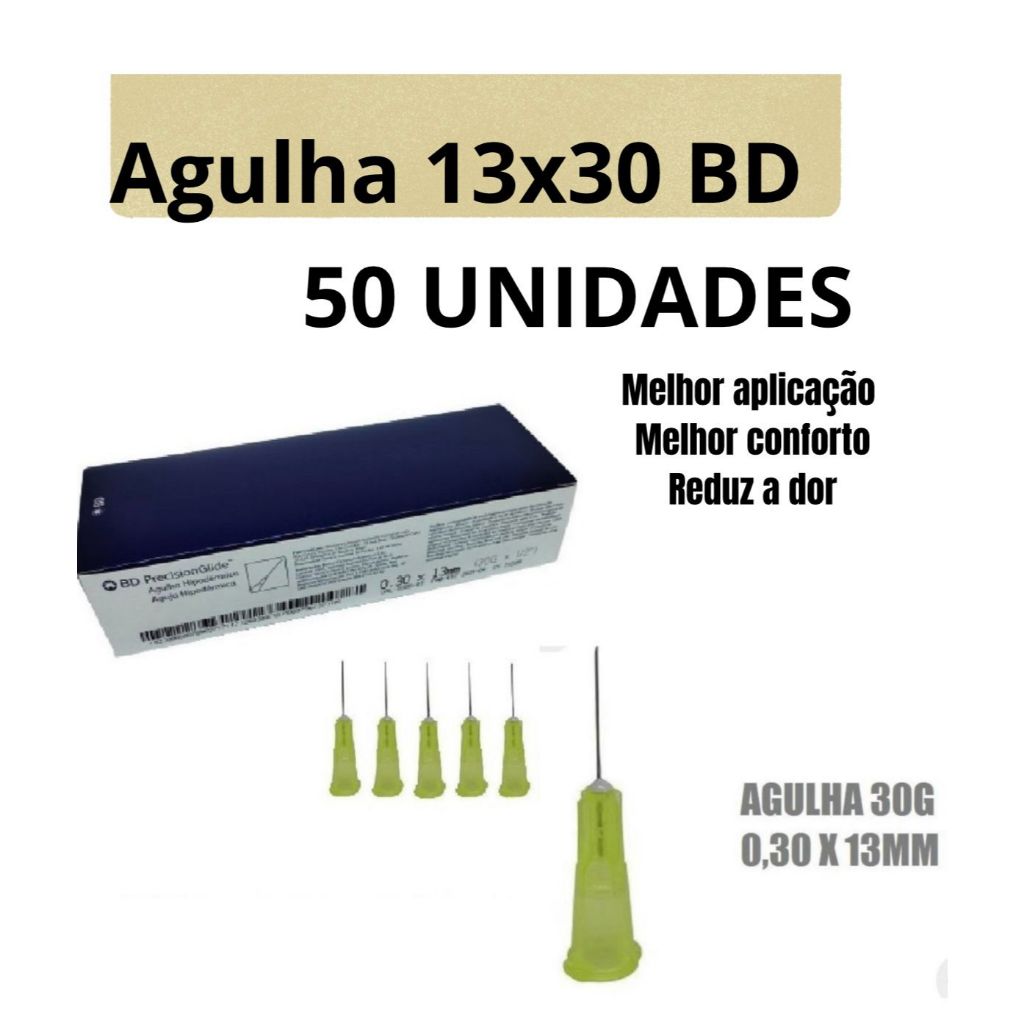 Agulha Hipodermica BD 0,30x13 - 30G 1/2 C/ 50 unidades (Amarela ...