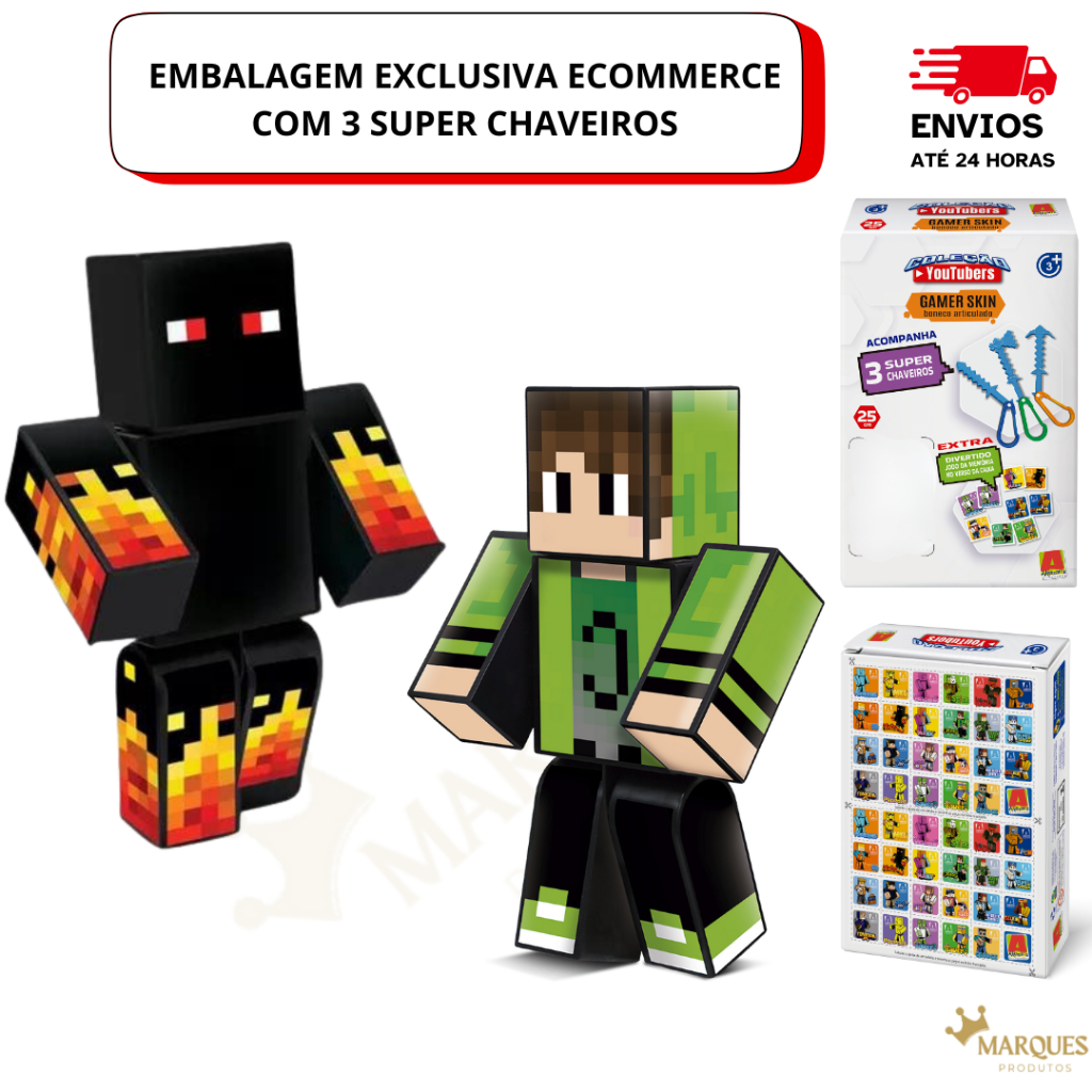 Boneco Cadres + Athos 25 cm Minecraft Kit com 3 Chaveiros Ferramenta ...