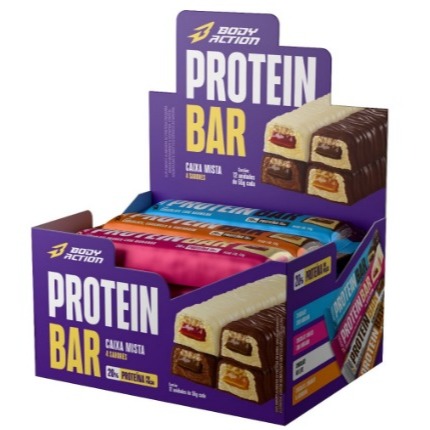 BARRINHA DE PROTEINA PROTEIN BAR C/12 - BODY ACTION | Shopee Brasil
