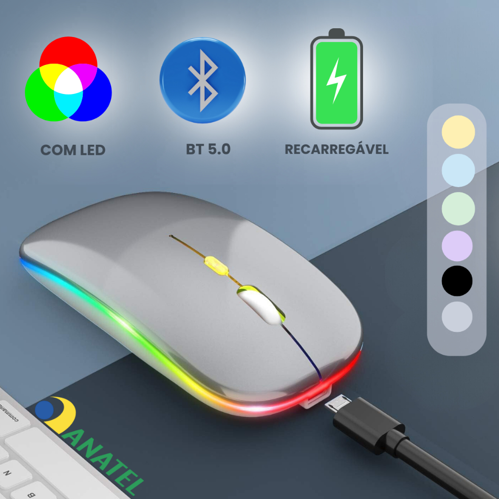 Mouse Sem Fio Wireless Recarregável Led Rgb 2,4GHz Bluetooth Ergonômico Silencioso | Shopee Brasil