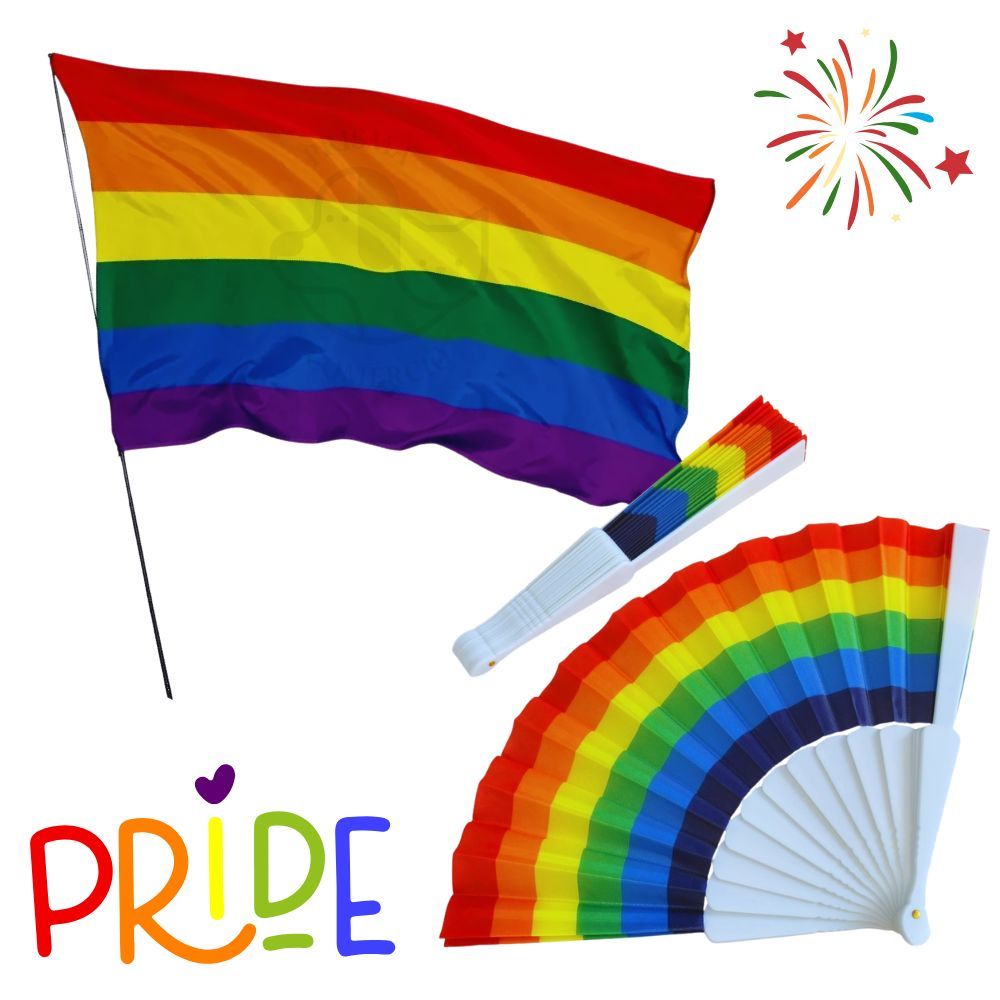 Kit Parada 2025 - 1 Bandeira Orgulho LGBTQIA+ e 1 Leque 43cm Arco Íris ...