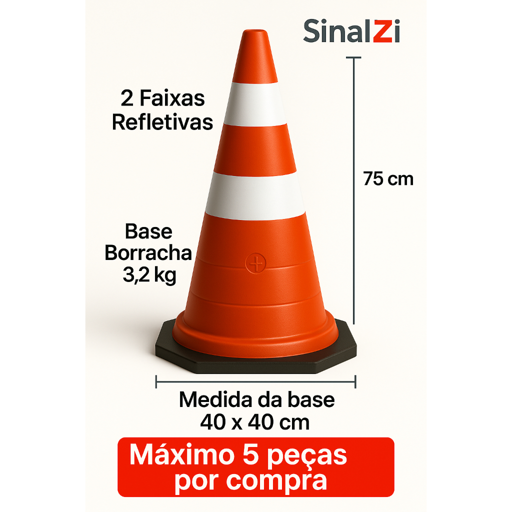 Cone de Obra Pesado PVC 75cm Base Borracha 4kg 2 Faixas Refletivas ...