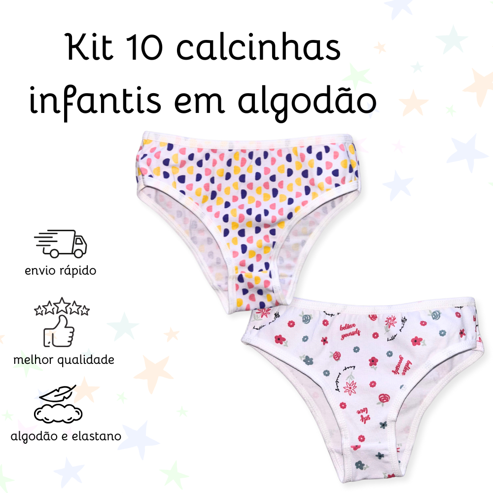 Kit 10 calcinhas infantis algodão várias estampas 02 ao 14 anos ...
