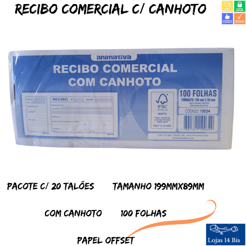 10 Blocos Recibo Comercial com Canhoto Talão com 100 Folhas 199mmx89mm Animativa São Domingos ...
