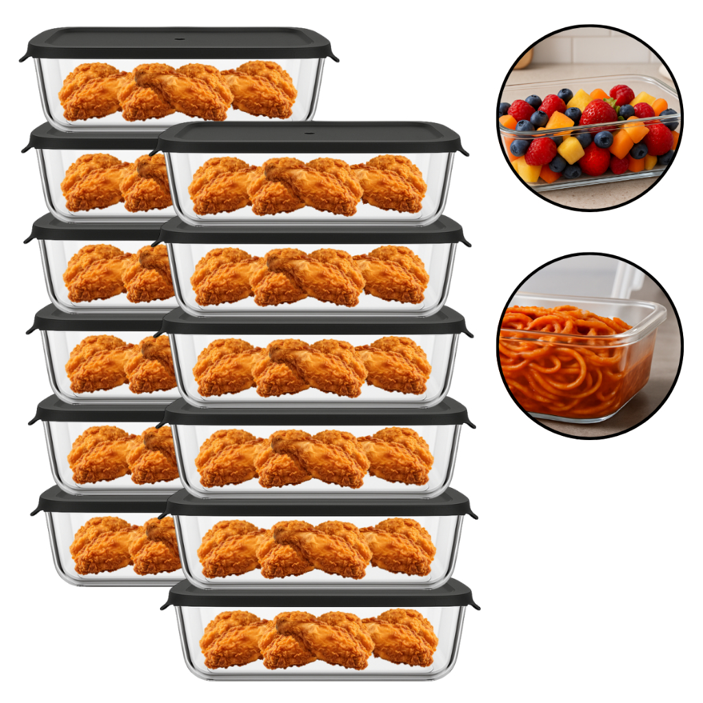 Kit Conjunto 12 Potes Retangulares De Vidro 370ml Preto Marmita ...