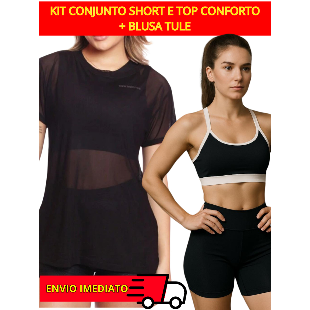 Conjunto Fitness de Treino Short e Top Modelador no Suplex + Blusa Tule ...