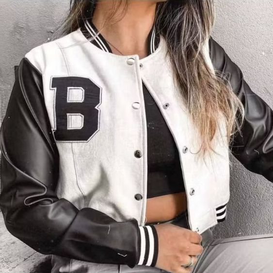 Jaqueta Bomber Feminina Manga Couro Estilo Colegial Inverno | Shopee Brasil