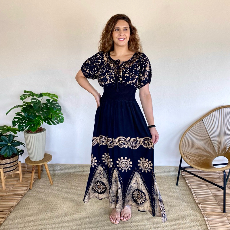 Vestido Indiano Longo Batik Com Manga Bordado Moda Indiana Feminina ...