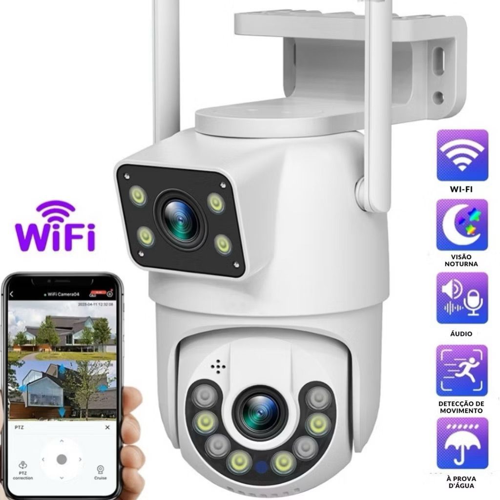 Câmera de Segurança Wi-Fi IP66 Lente Dupla, Visão Noturna, Sensor de ...