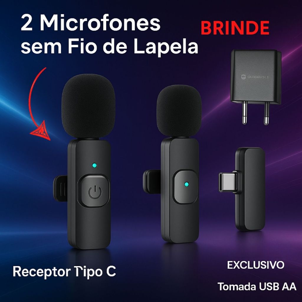 Kit 2 Microfones k9 Atomo de Lapela Sem Fio Profissional Tipo C Celular ...