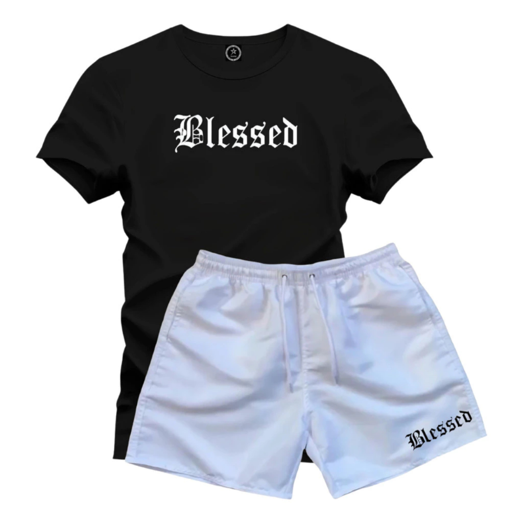 Kit Camiseta + Short Tectel BLESSED Camisa 100% Algodão Bermuda Tactel ...