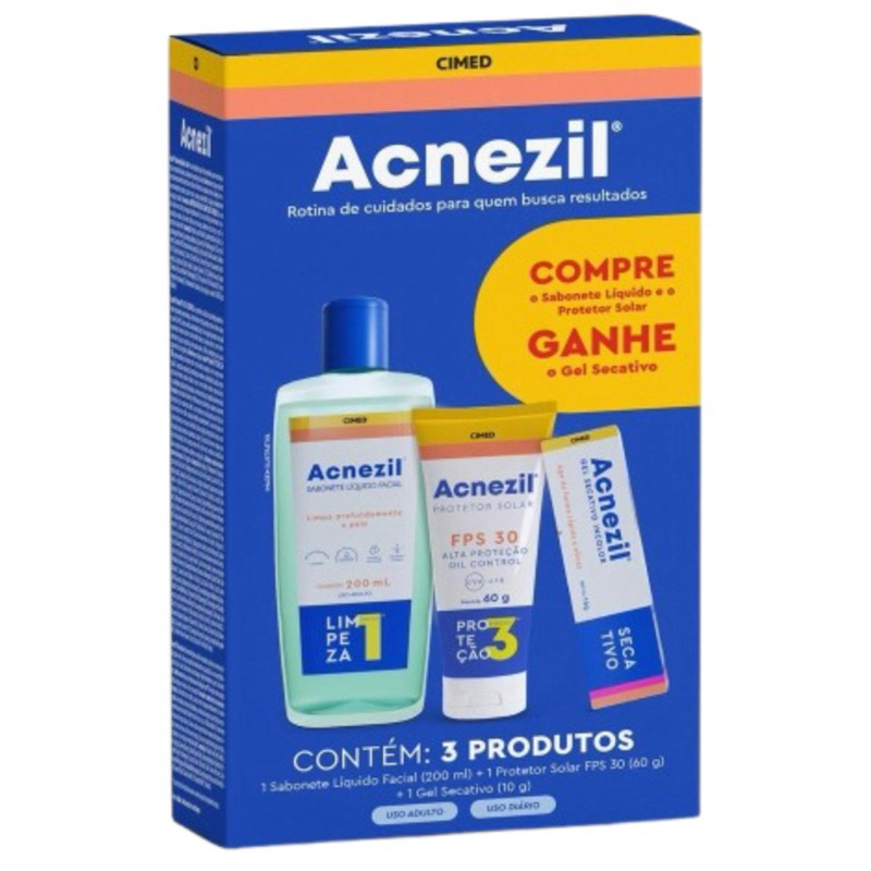Kit Acnezil Protetor solar + Sabonete líquido + Gel secativo | Shopee ...