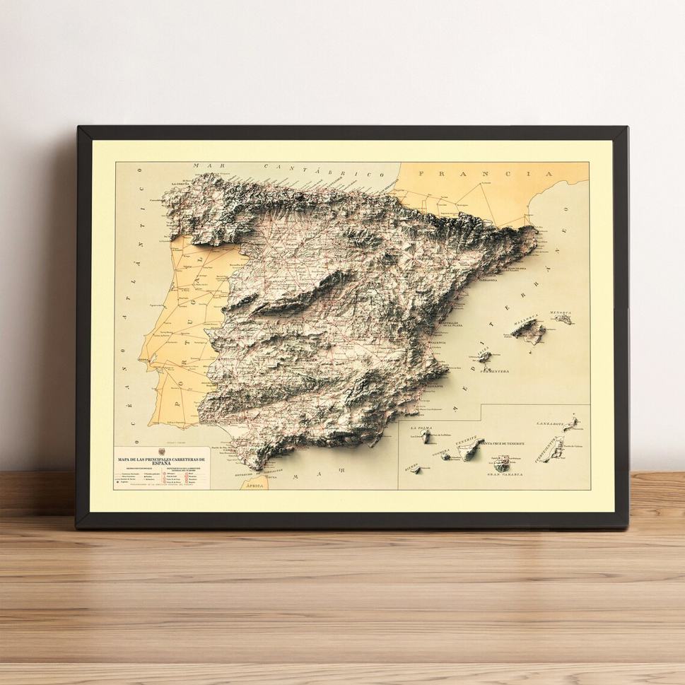Mapa de Relevo Artístico com Efeito Sombreado da Espanha | Shopee Brasil
