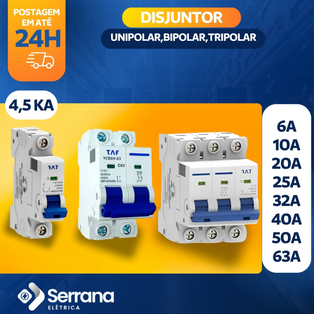 Disjuntor Unipolar Bipolar Tripolar 10A a 63A Curva C TAF | Shopee Brasil