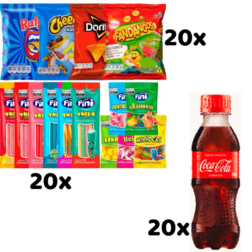 KIT 20 SALGADINHOS ELMA CHIPS + 20 COCA COLA 200ml + 20 FINIS | Shopee Brasil