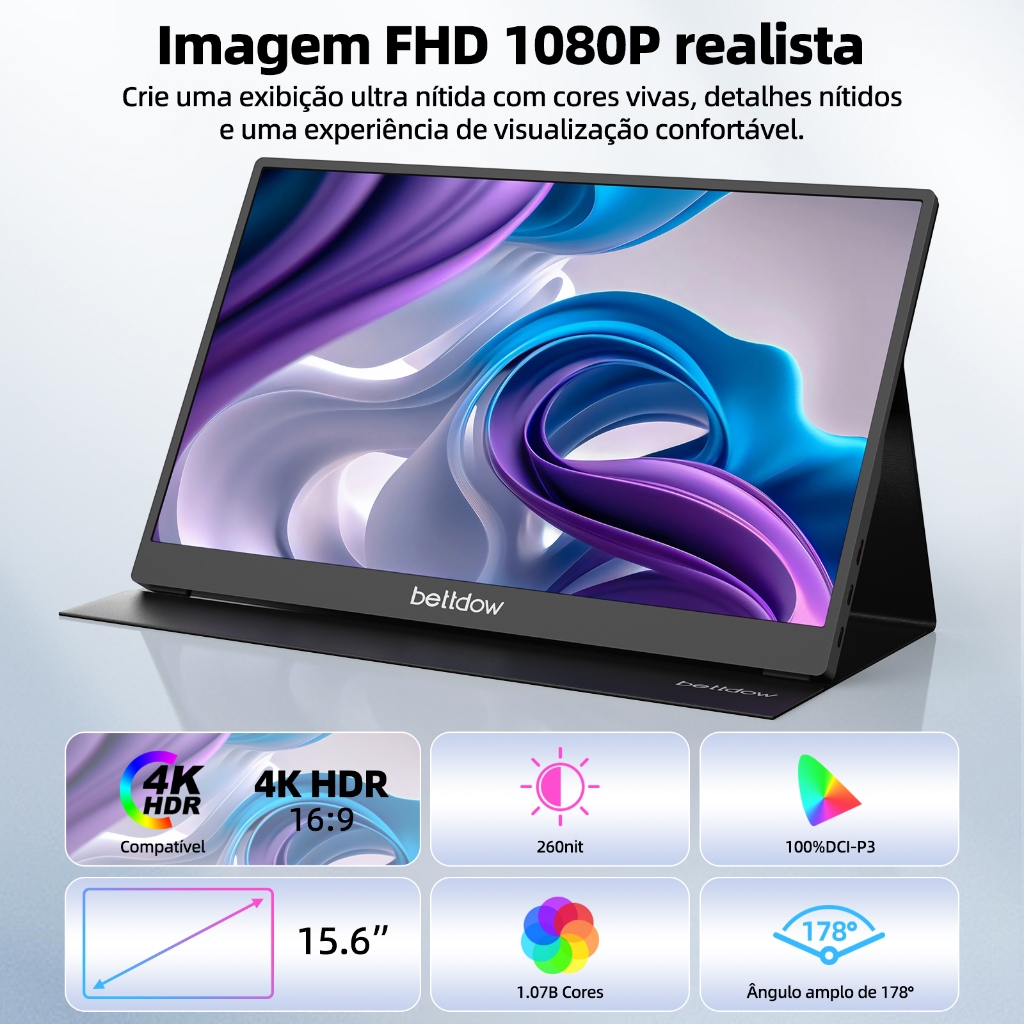 BETTDOW Monitor portátil Touchable 15.6'' 1920*1080P 4K com tela IPS ...