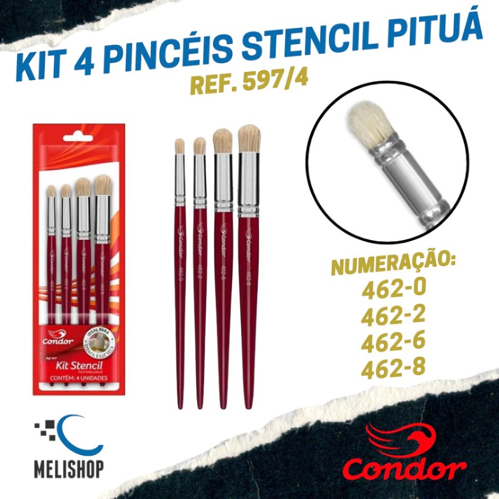 Kit 4 Pincéis Pituá Stencil Pituá (nº 0, 2, 6 e 8) Condor | Shopee Brasil