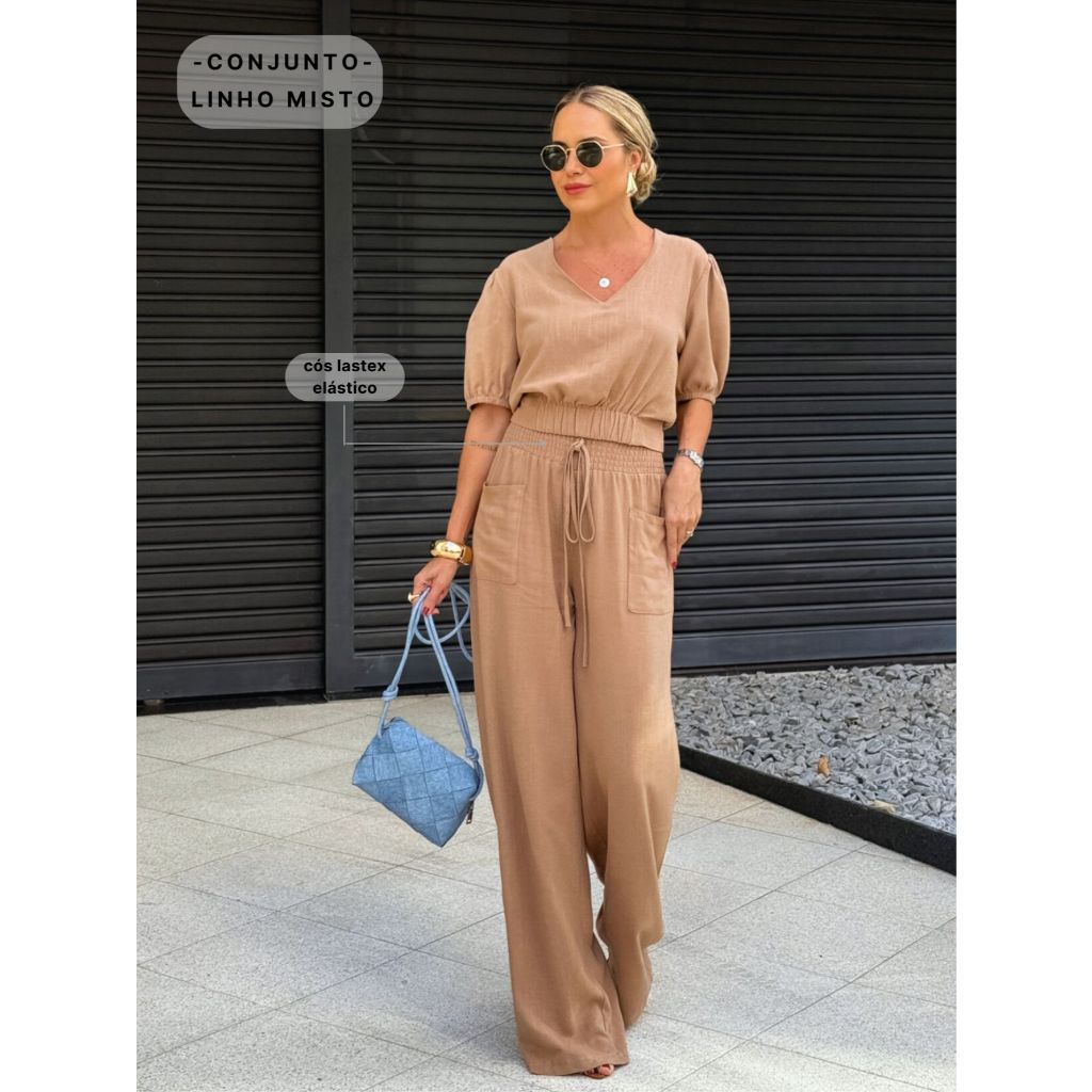Conjunto Calça e Blusa linho Misto | Shopee Brasil