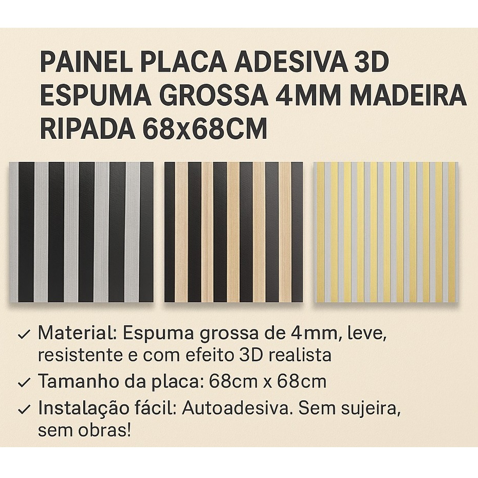 Painel Ripado Placa Adesiva 3D 68x68cm Espuma Grossa 4mm Madeira Ripada ...